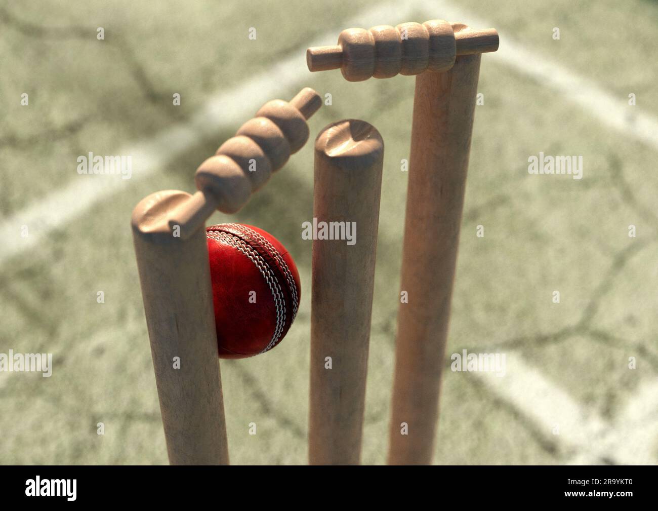 A red cricket ball striking wooden cricket wickets with dislodging ...