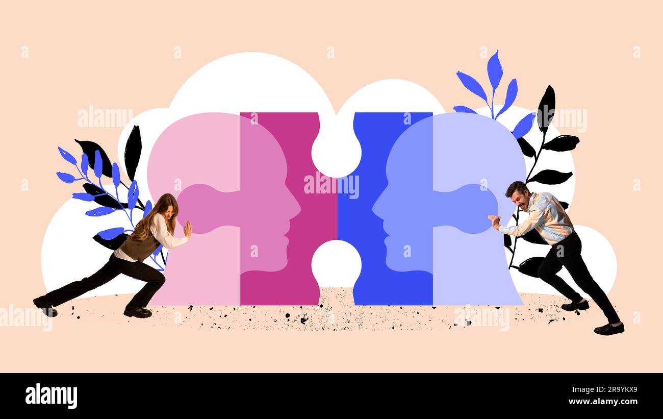 Man and woman, employees connecting puzzles with male and female faces ...