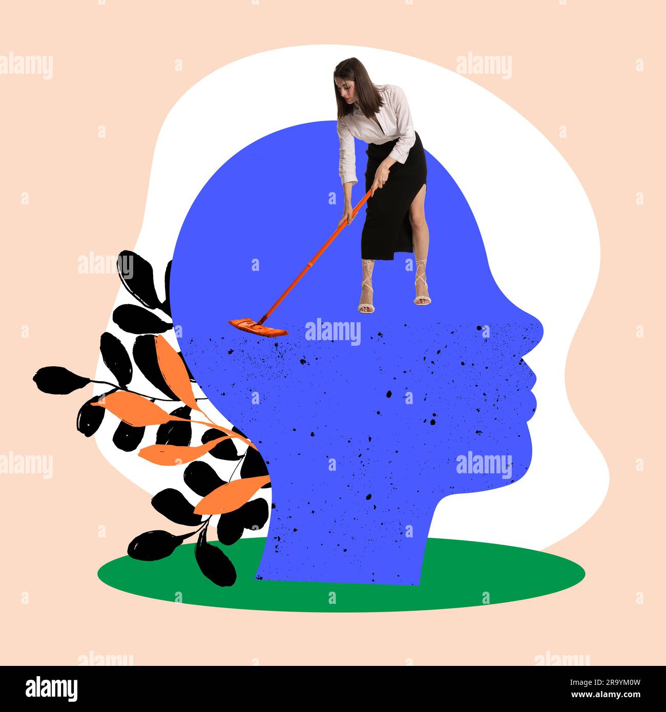 Young woman, employee cleaning mind, keeping brain calm and relaxed ...