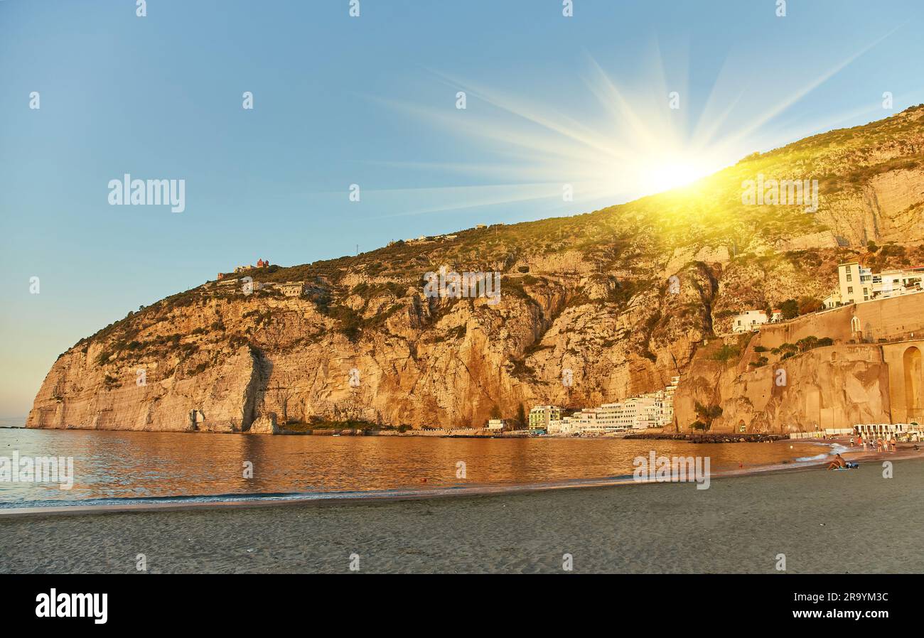 View of the Amalfi Coast and the village of Meta, Italy. Seaside resort ...