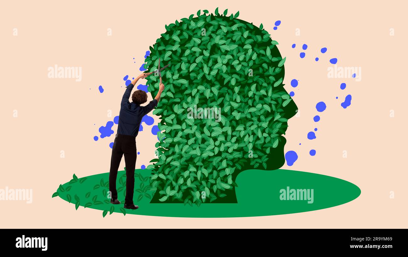 Man cutting leaves on human head figure meaning harmony of mind ...