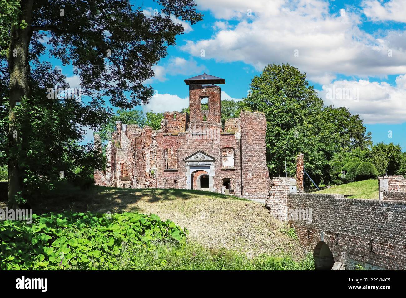 Beautiful medieval castle second world war ruin, bridge, water moat ...
