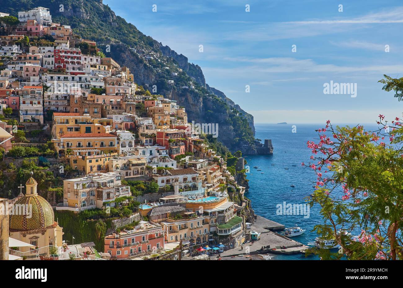 Panoramic view of Positano with comfortable beaches and blue sea on ...