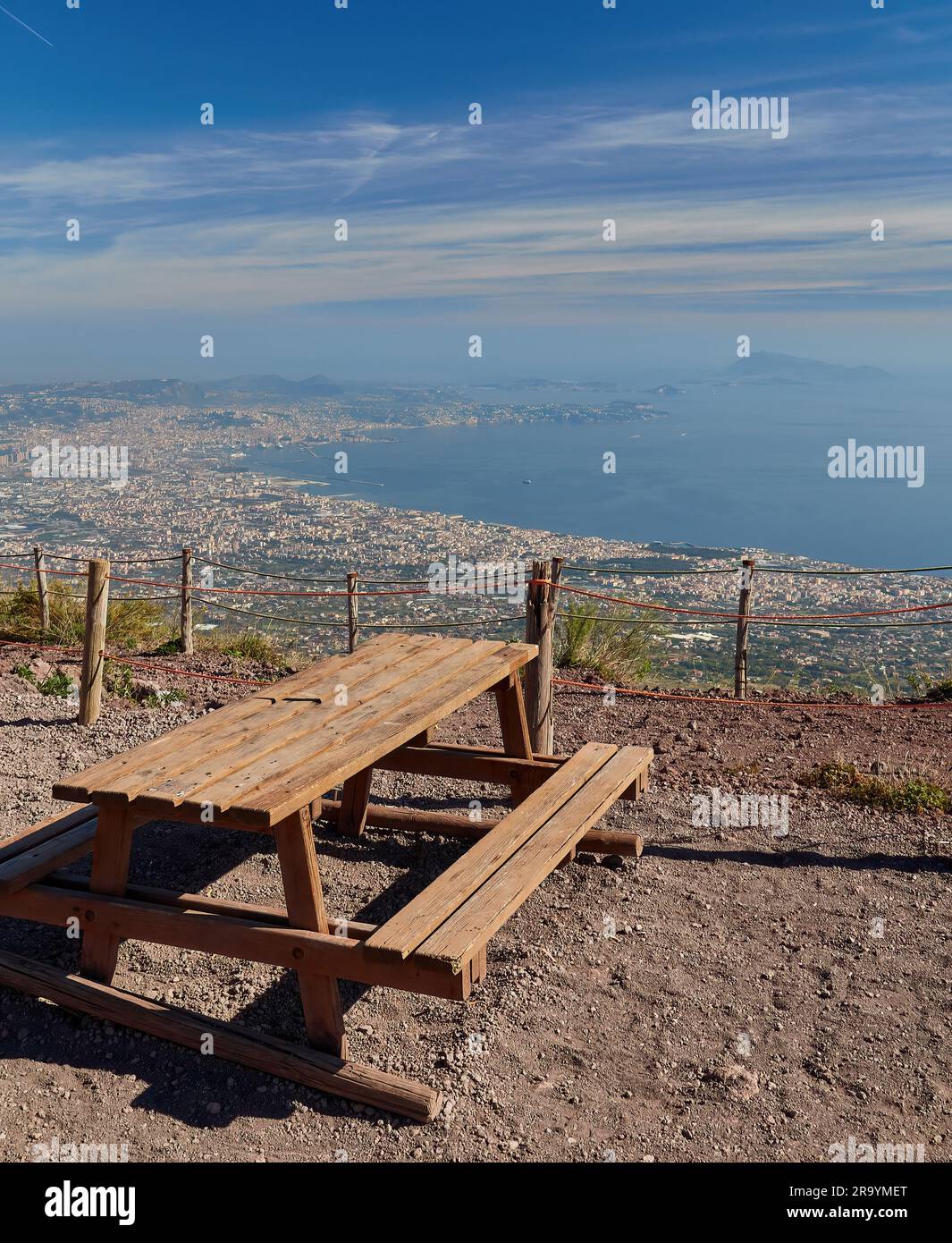 Mount Vesuv volcanic landscape and relaxing bench with aerial view for ...