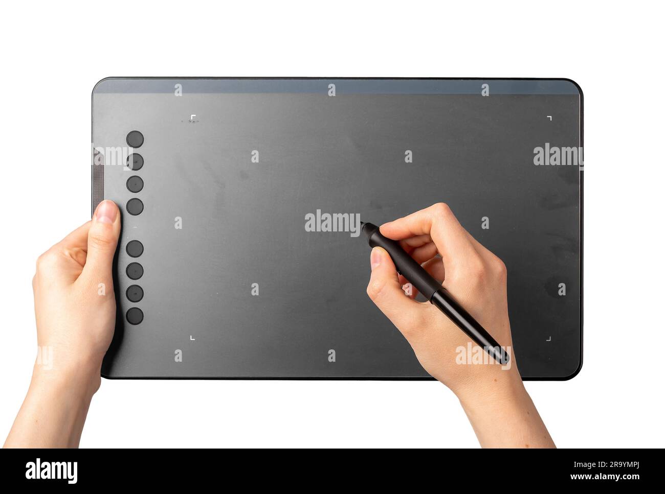 Hands holding drawing pad, drawing, signing with stylus isolated on ...