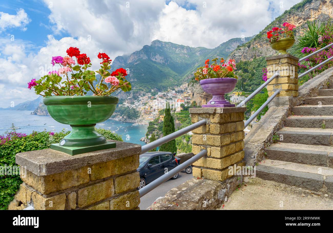 Landscape with Positano town at famous amalfi coast, Italy Stock Photo ...