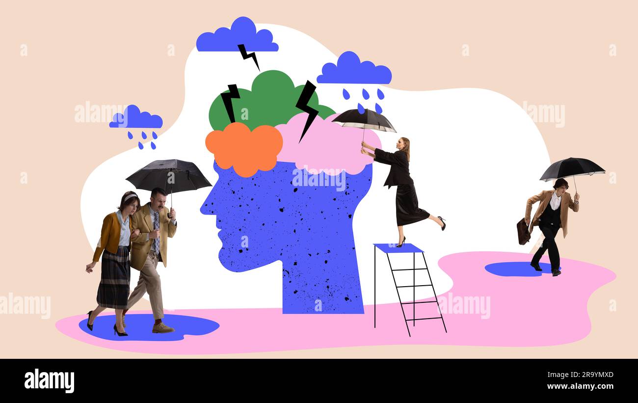 People, men and women escaping negative thoughts and situation, keeping ...