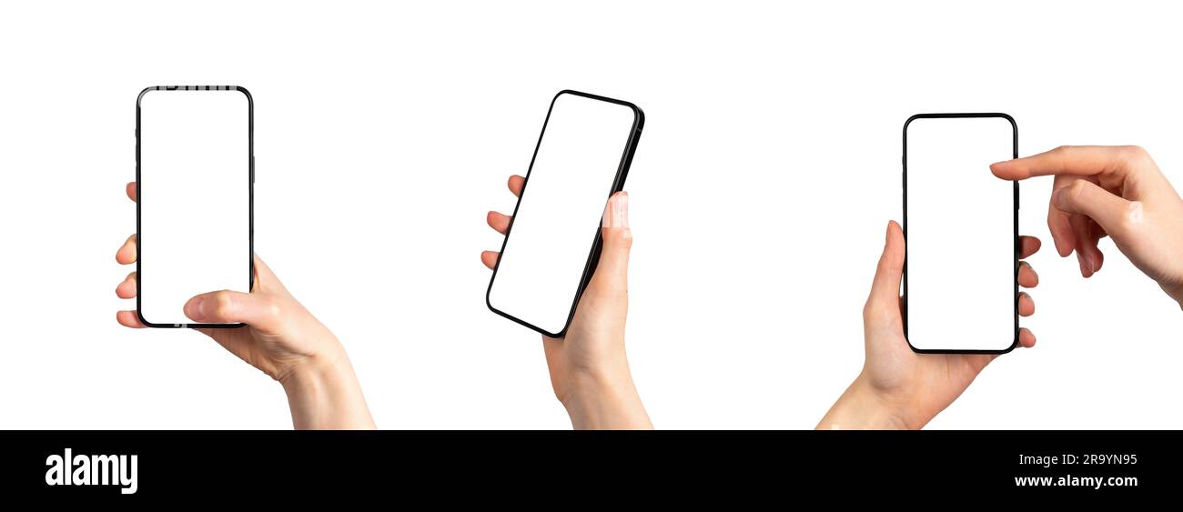 Mobile phone mockups set. Smartphone screen mock-ups in hand isolated ...