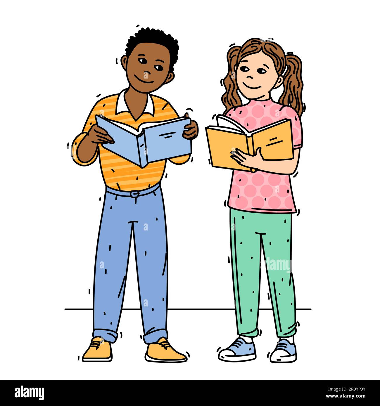 Girl reading book boy standing Stock Vector Images - Alamy