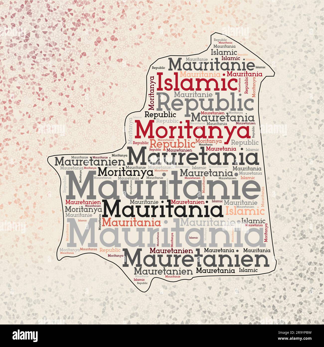 Mauritania shape with country names word cloud in multiple languages ...