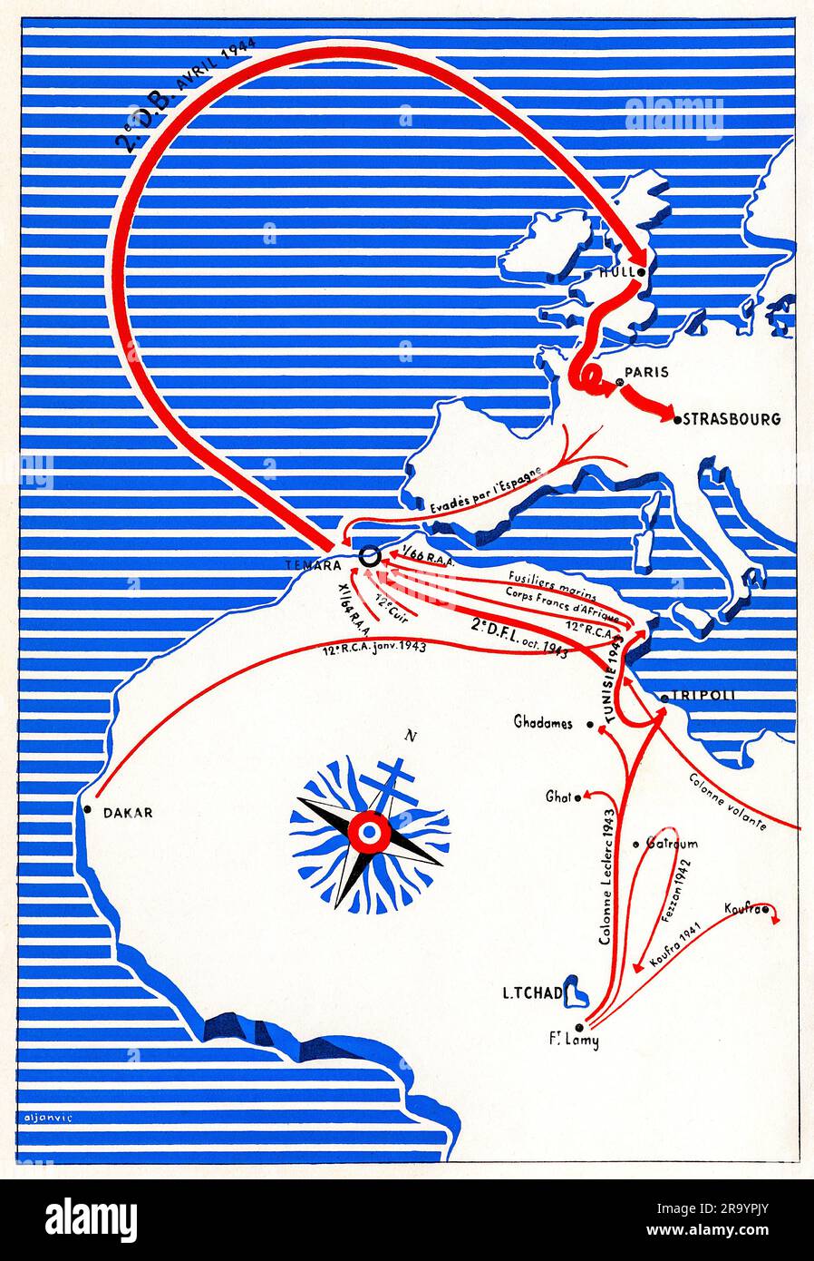 1946 French World War II book map illustration showing French army ...