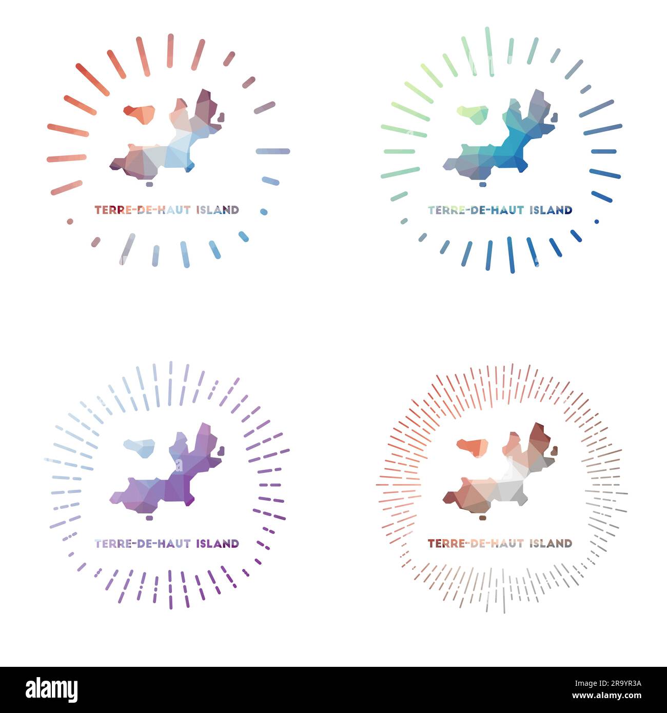 Terre-de-Haut Island low poly sunburst set. Logo of island in geometric ...