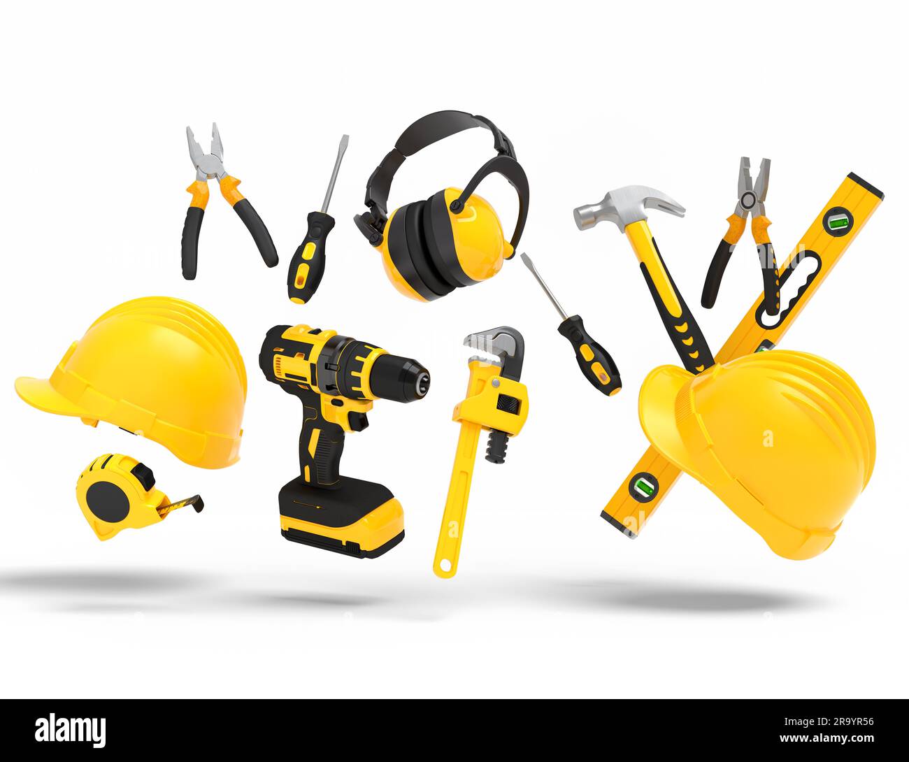 Flying view of yellow construction tools for repair and installation on ...