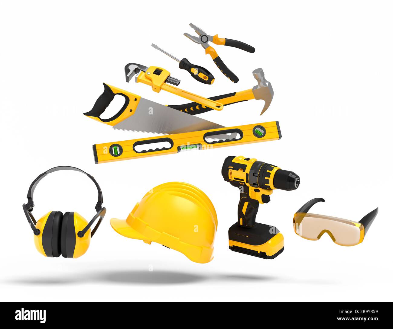 Flying view of yellow construction tools for repair and installation on ...
