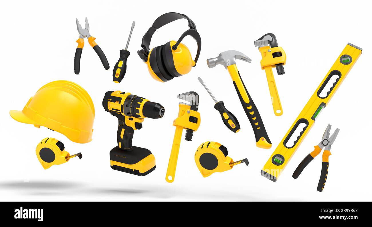 Flying view of yellow construction tools for repair and installation on ...