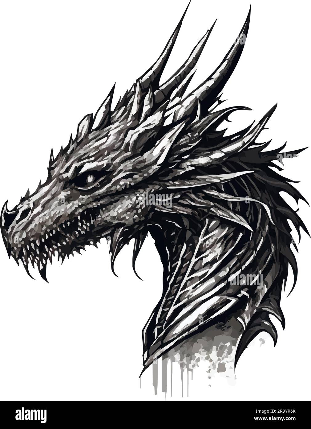 Vintage Illustration fearless black dragon, head silhouette Stock ...