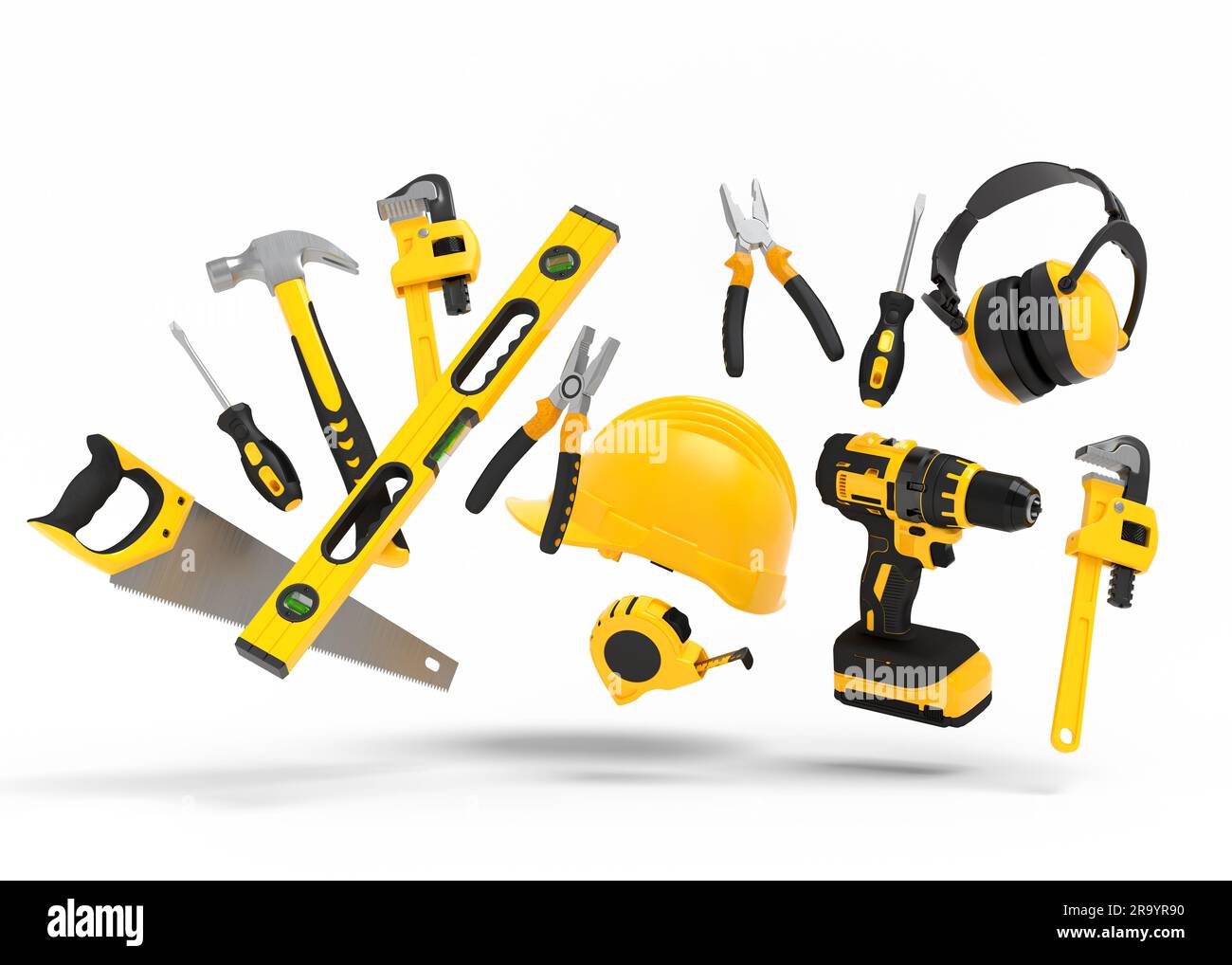 Flying view of yellow construction tools for repair and installation on ...
