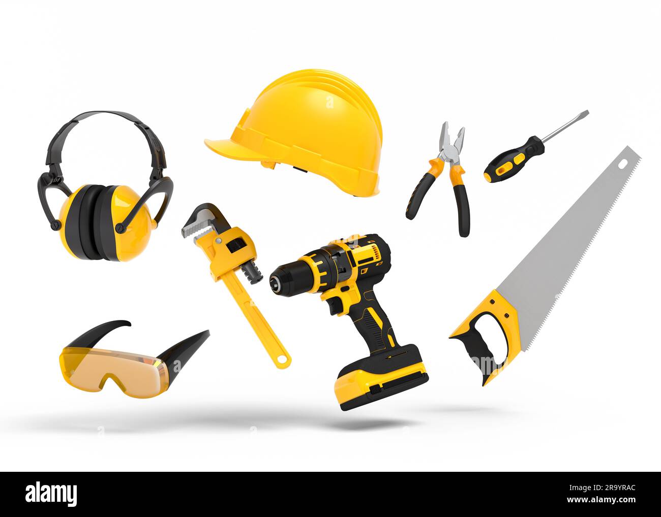 Flying view of yellow construction tools for repair and installation on ...