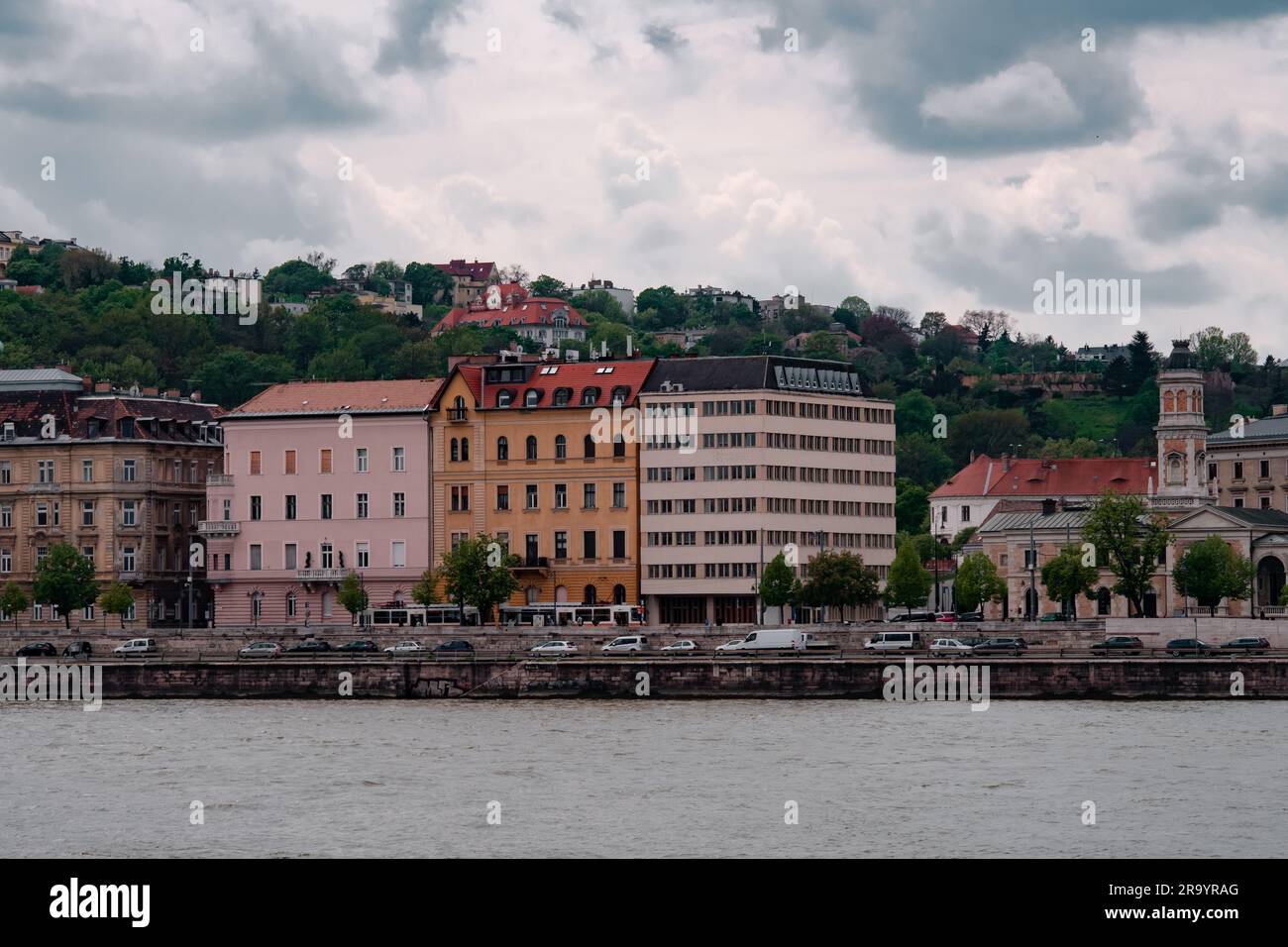 A scenic view of multiple architectural structures situated along the ...