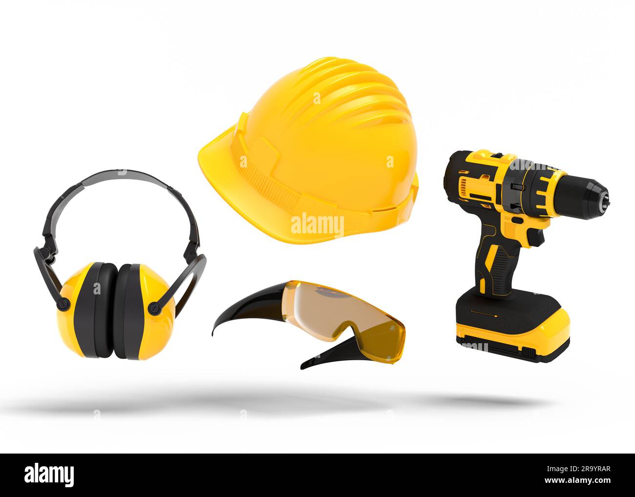 Flying view of yellow construction tools for repair and installation on ...