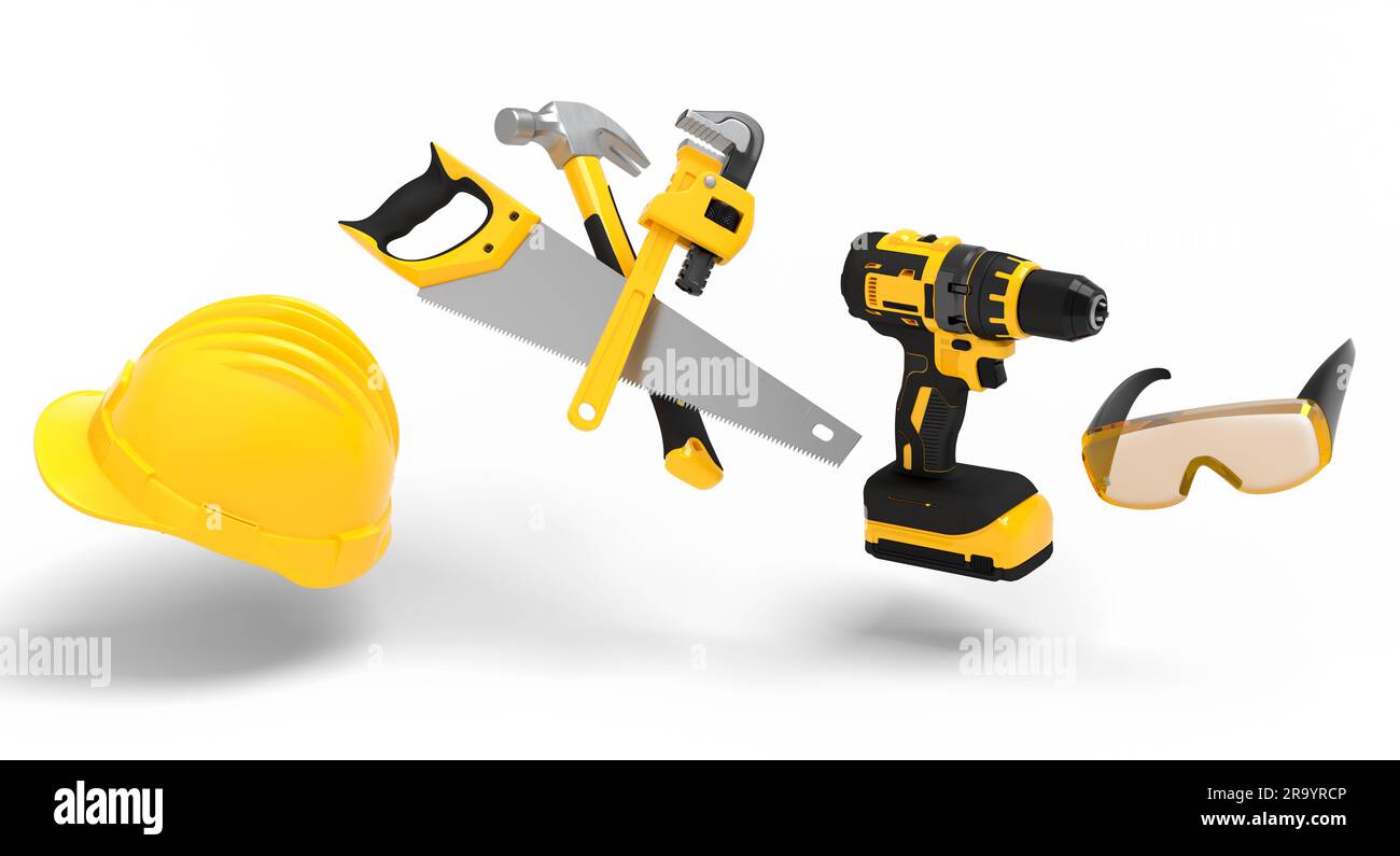Flying view of yellow construction tools for repair and installation on ...