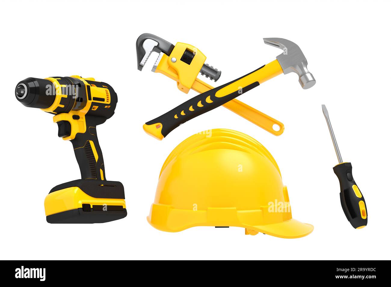 Flying view of yellow construction tools for repair and installation on ...
