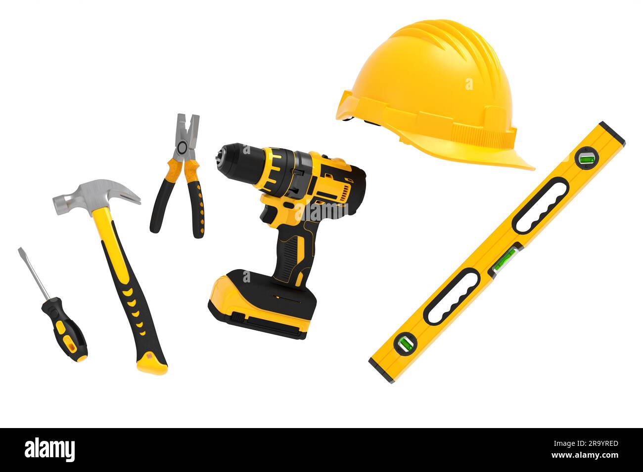 Flying view of yellow construction tools for repair and installation on ...