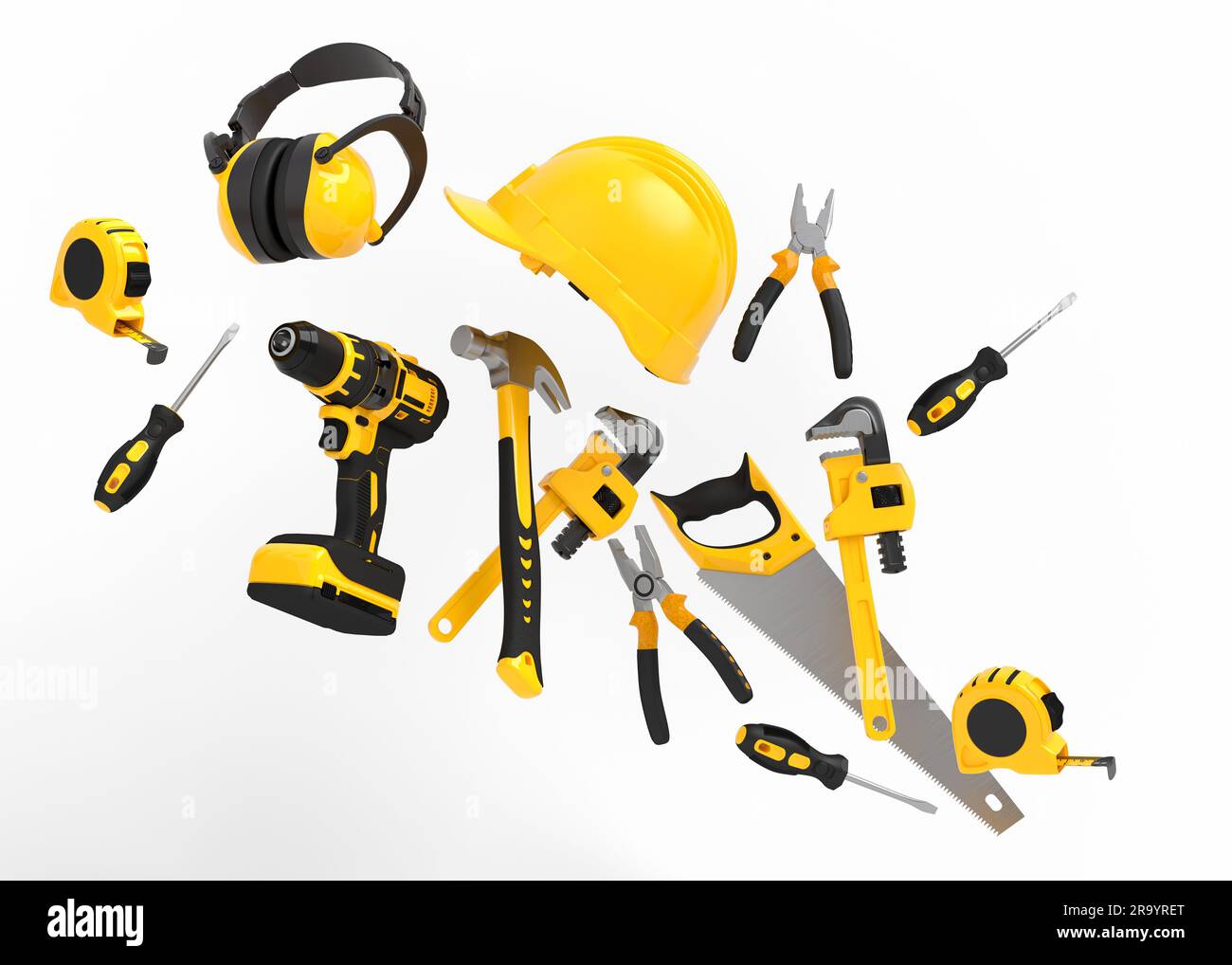 Flying view of yellow construction tools for repair and installation on ...