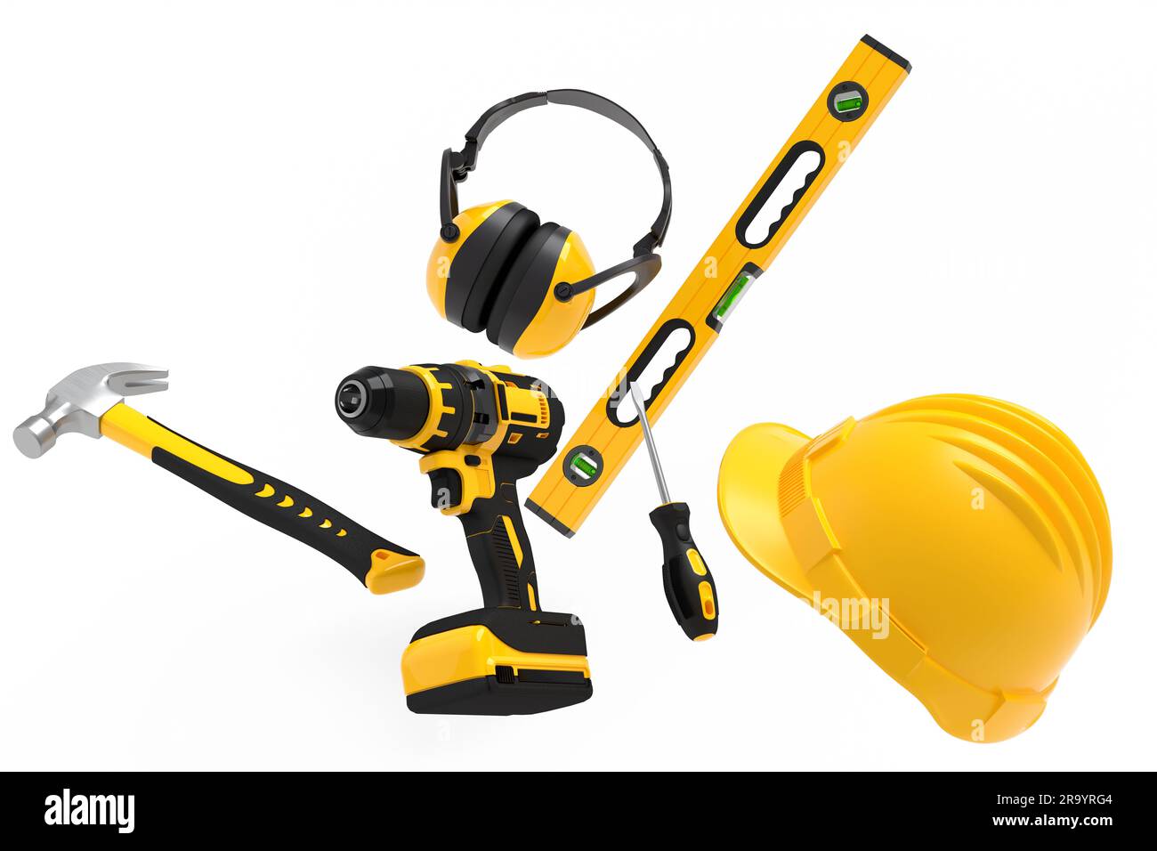 Flying view of yellow construction tools for repair and installation on ...