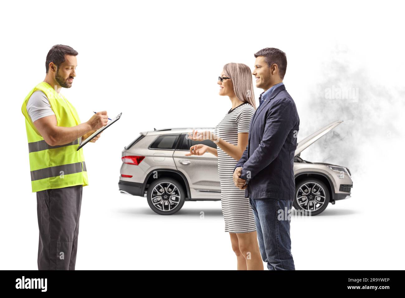 Couple with a car problem talking to a roadside assistant isolated on ...