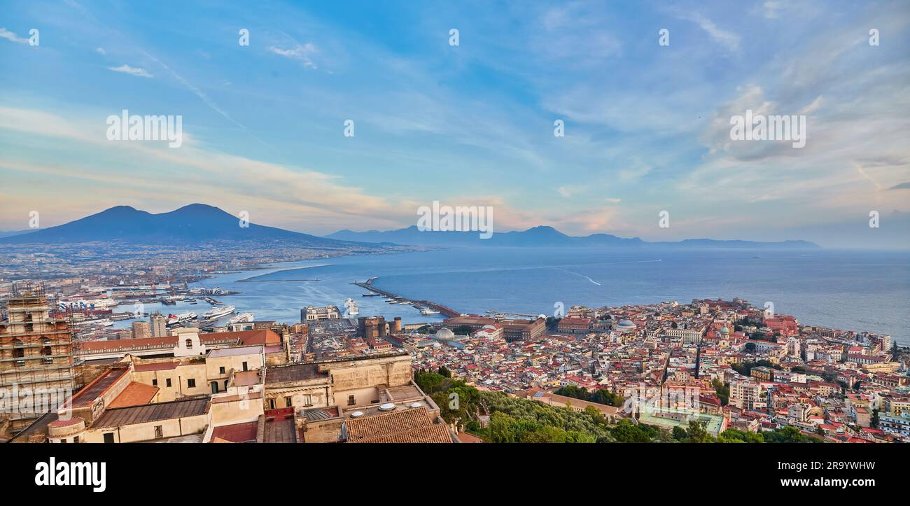 Naples, Italy: Panoramic view of the city and port with Mount Vesuvius ...