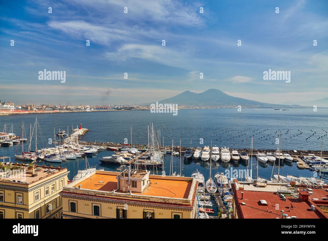 Panorama of Naples, view of the port in the Gulf of Naples and Mount ...