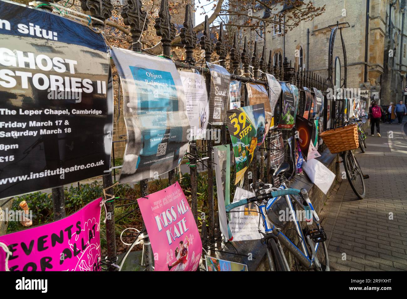 Event posters on railings, Cambridge Stock Photo - Alamy