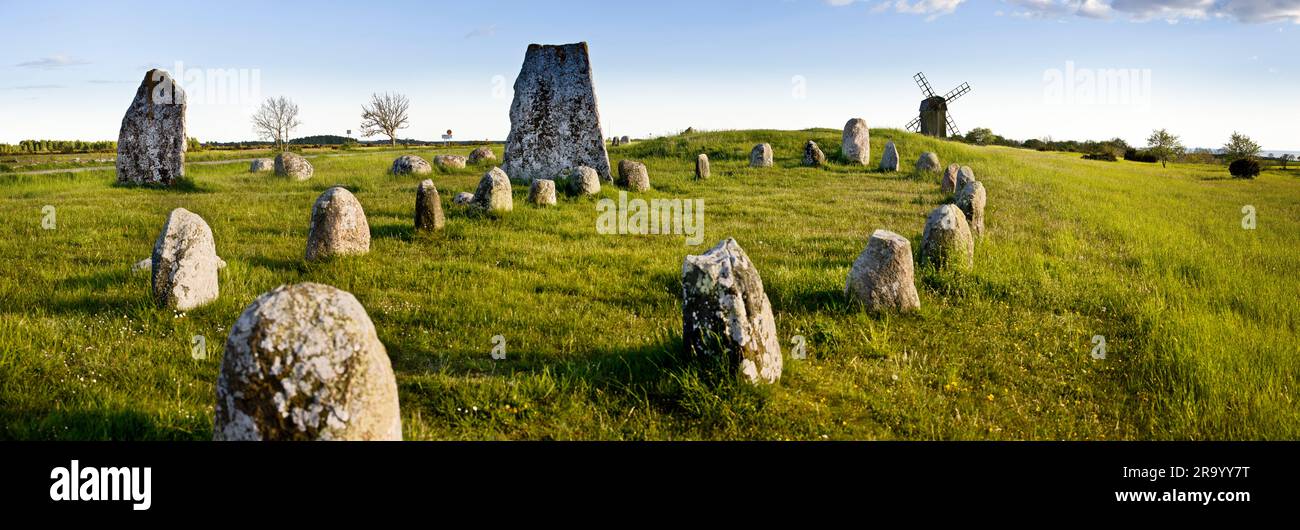 Panoramic shot of Viking stone ship burial ground at Gettlinge, Oland ...