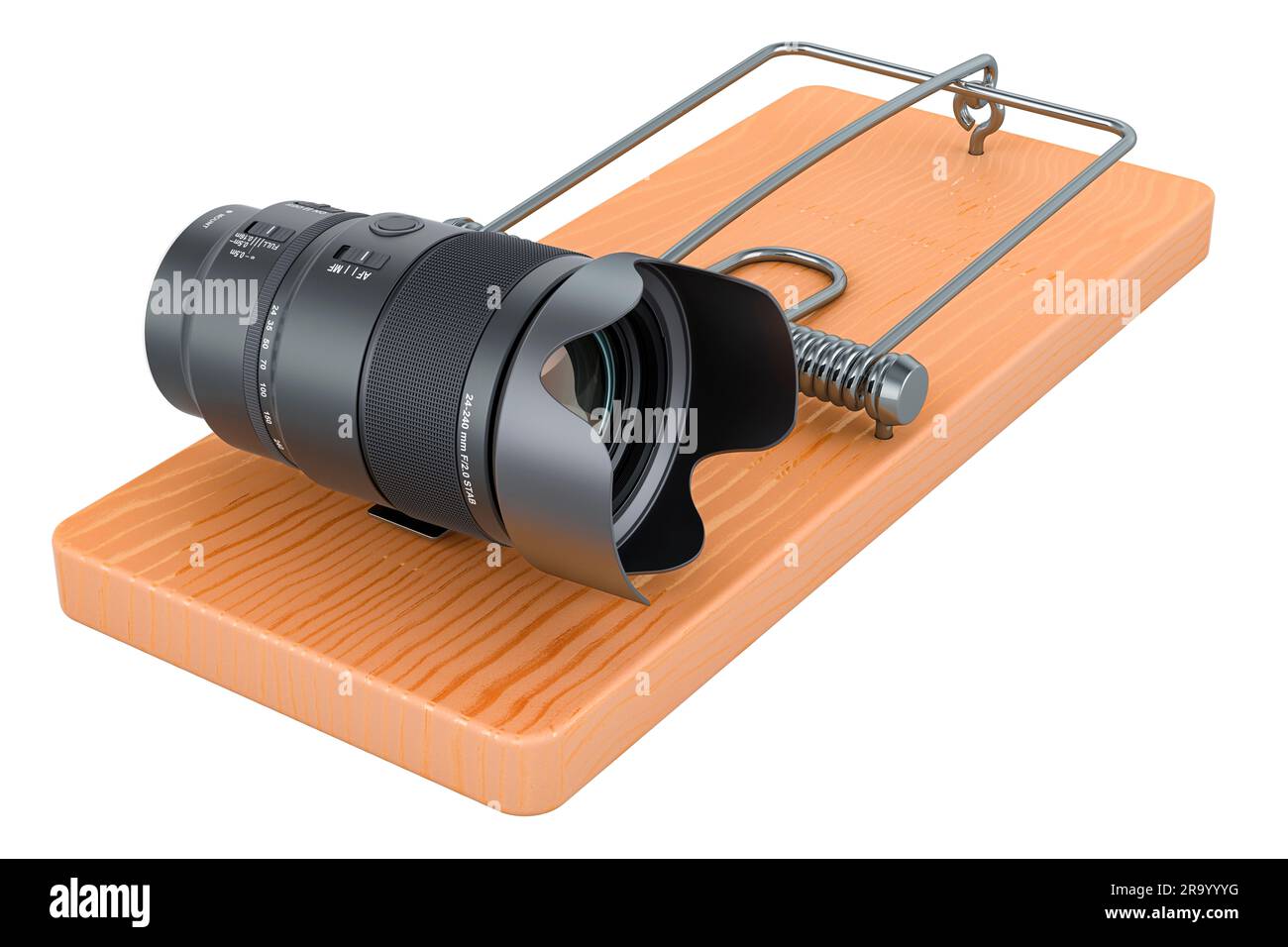 Camera lens inside mousetrap. 3D rendering isolated on white background ...