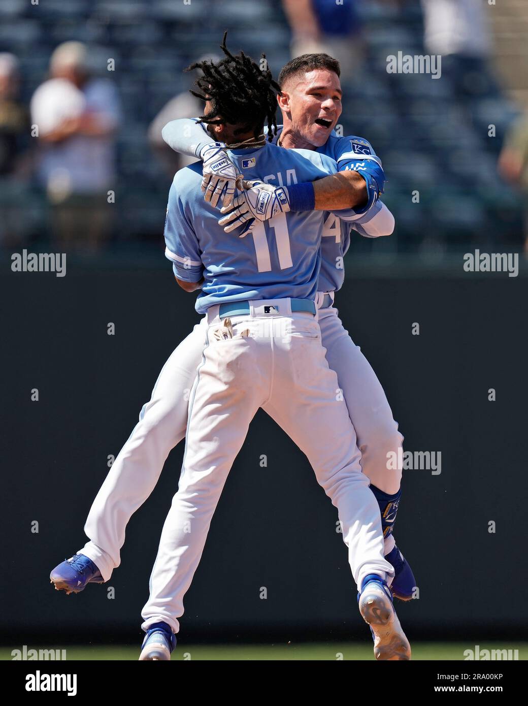 Kansas City Royals' Freddy Fermin celebrates with Maikel Garcia (11 ...