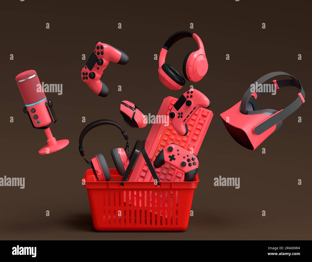 Flying gamer gears like mouse, keyboard, joystick, headset, VR Headset ...