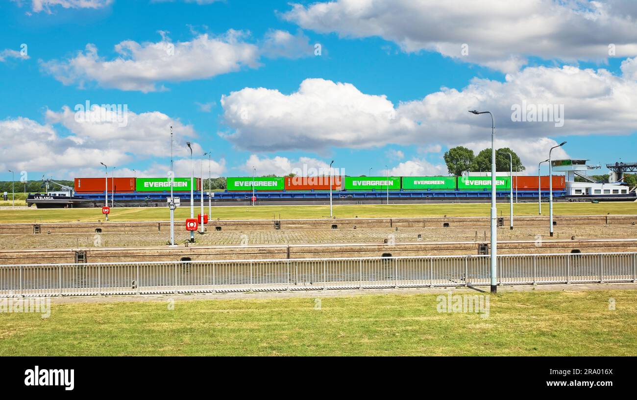Stuw- en sluizencomplex Sambeek, Netherlands - July 9. 2023: Maas river ...