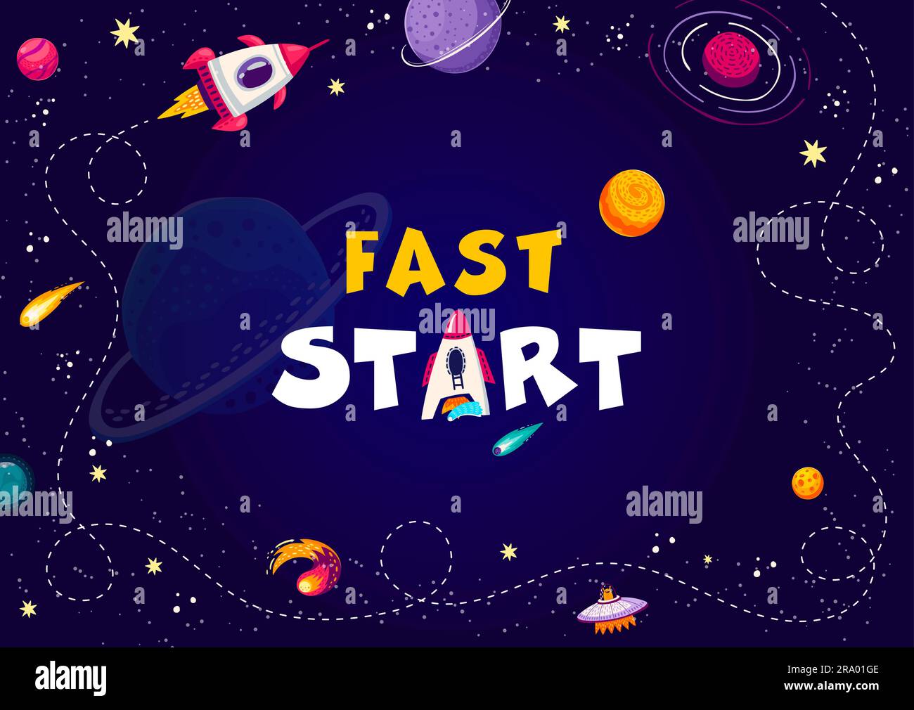 Kids space background, fast start. Cartoon galaxy planets and rocket ...