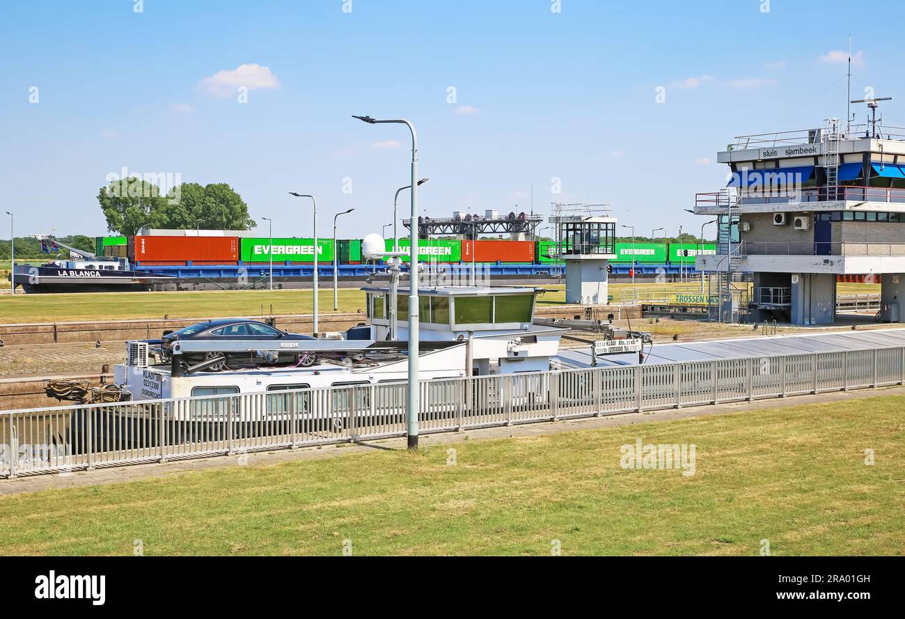 Stuw- en sluizencomplex Sambeek, Netherlands - July 9. 2023: Maas river ...