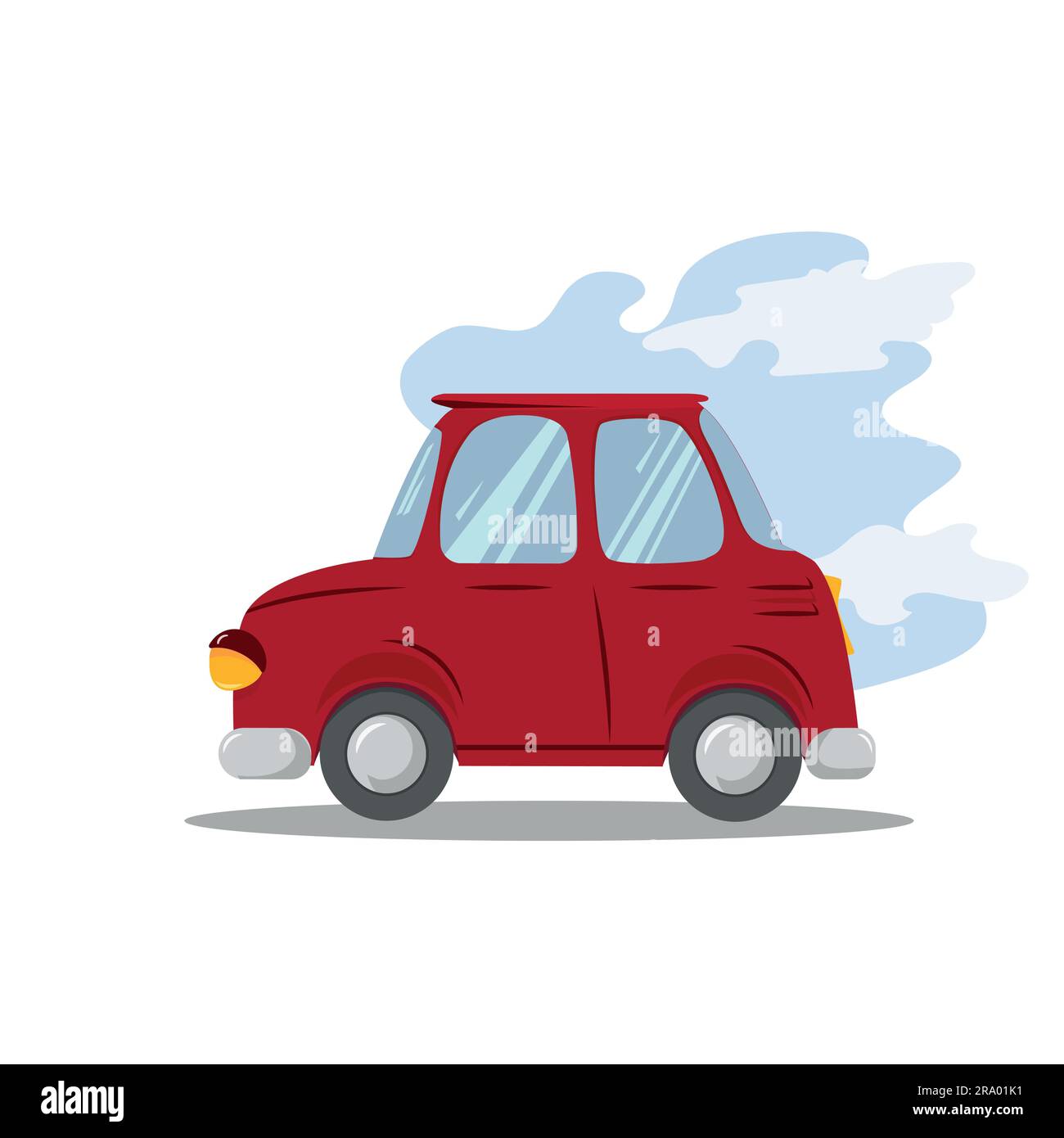 Red retro car. Flat illustration of small red car against cloud sky ...