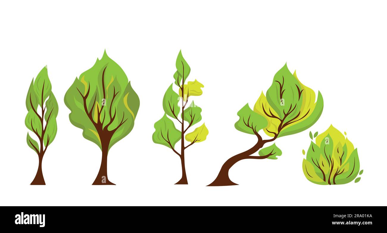 Set of different flat trees and bush. Vector design of landscape ...