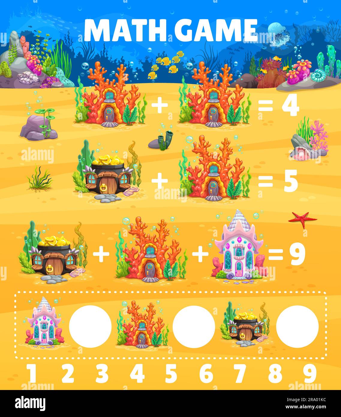 Math game worksheet. Fairytale house buildings in underwater landscape ...