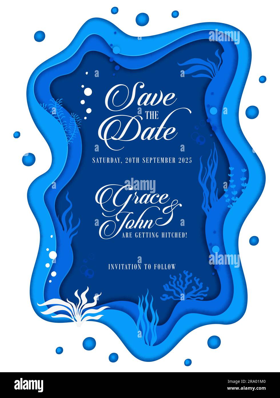 Wedding invitation. Sea paper cut landscape and seaweeds. Underwater ...