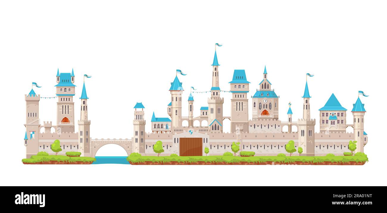 Medieval fortress castle. Knight stone fortress with gate, towers ...