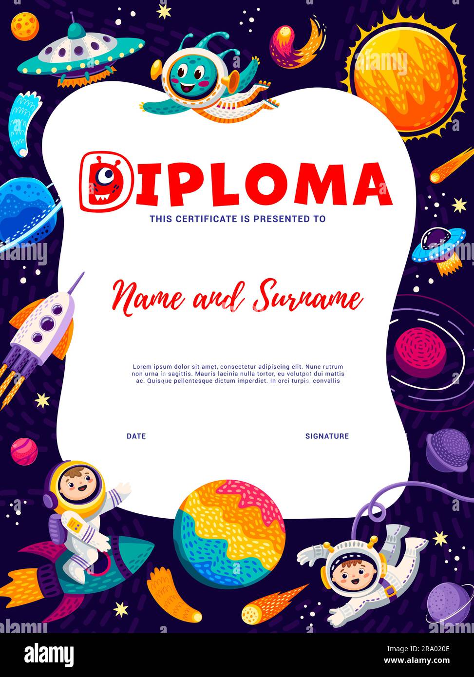 Kids diploma, cartoon astronauts, ufo, aliens, space planets and rocketship. Funny boys and ...