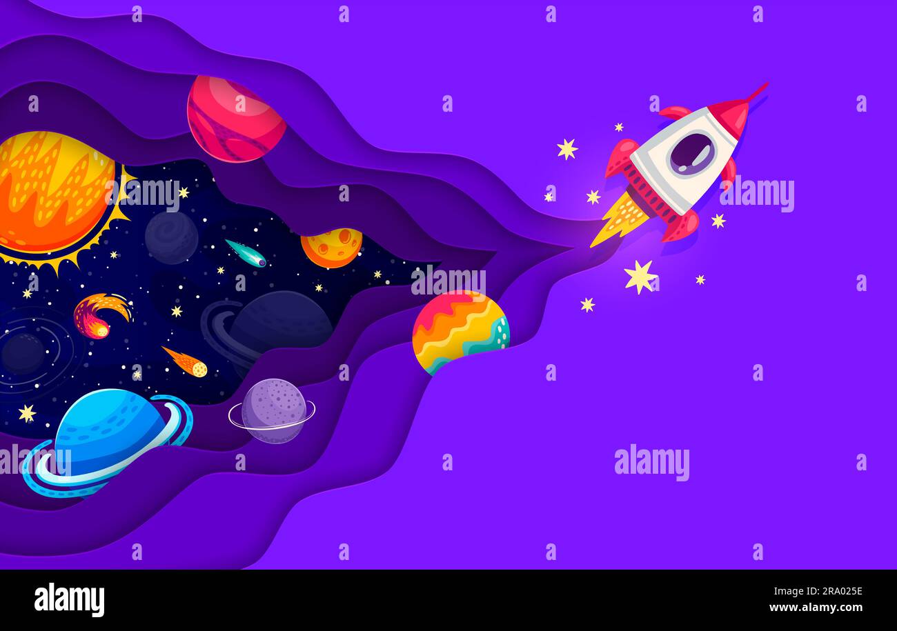 Space paper cut poster with flying rocket spaceship and galaxy planets ...