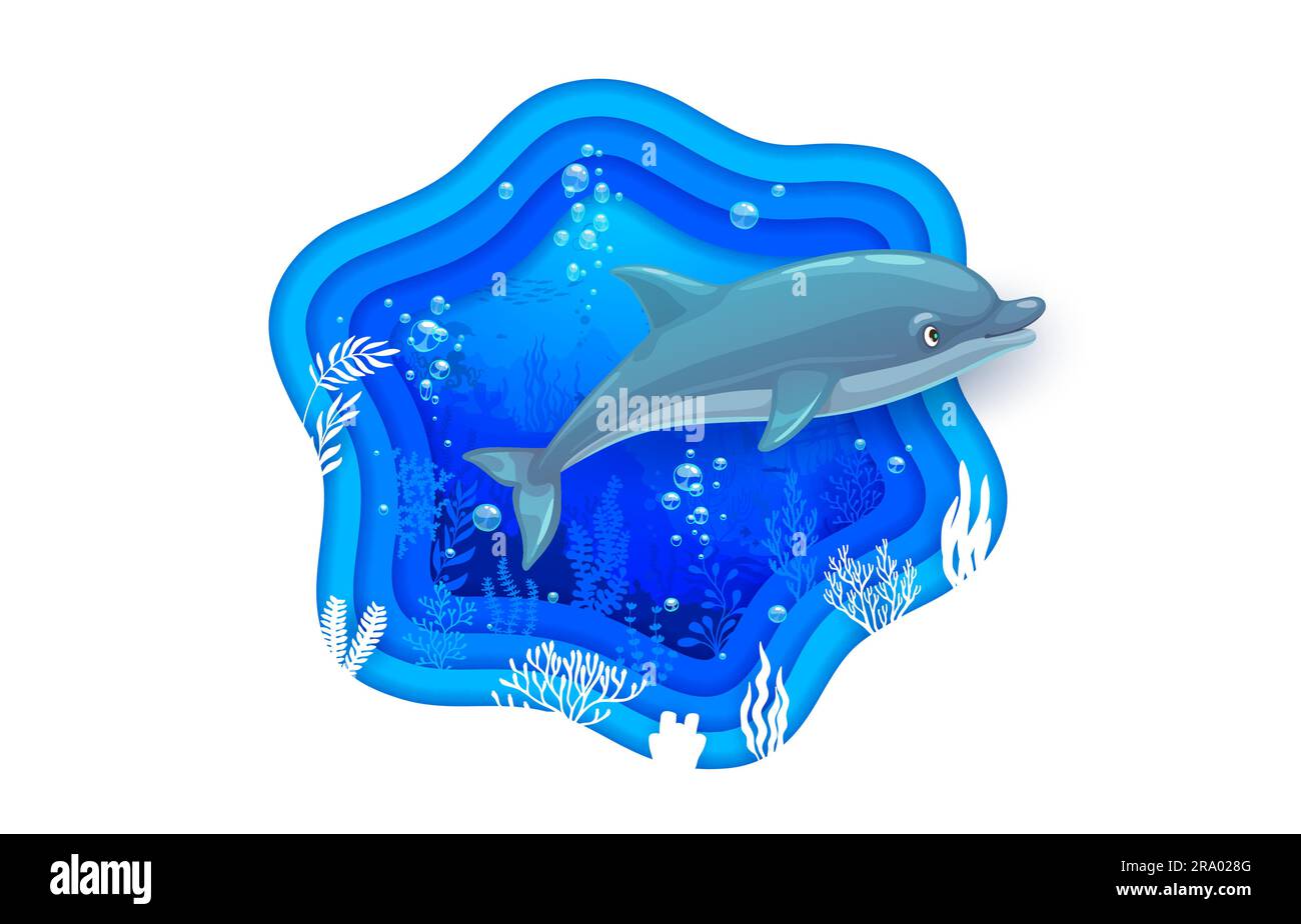Sea paper cut underwater landscape, seaweeds and dolphin animal. Vector ...