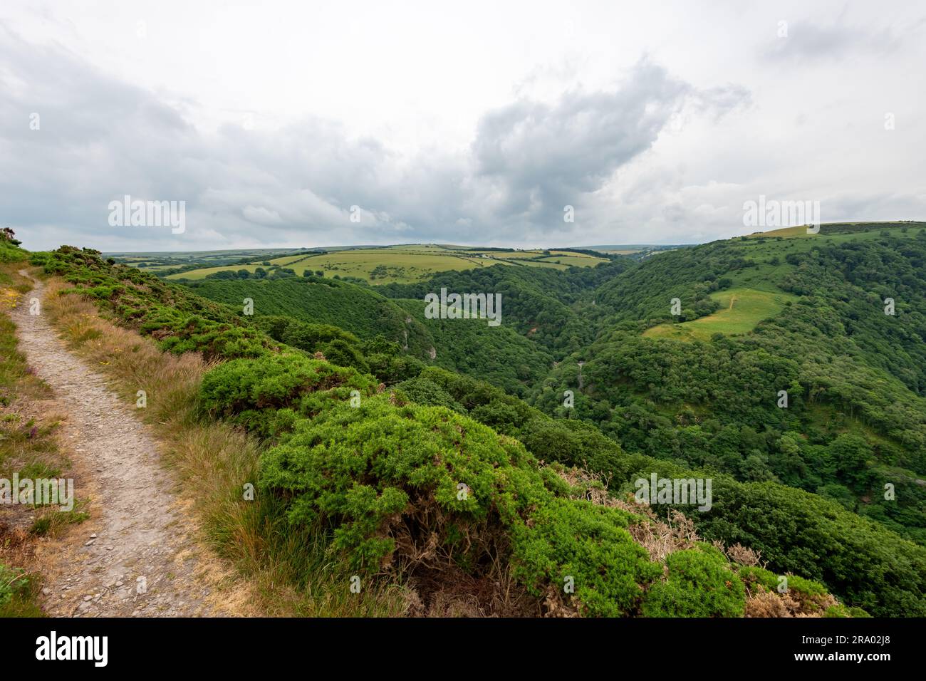 View from the top of Countisbury Hill of Watersmeet Valley in Exmoor ...