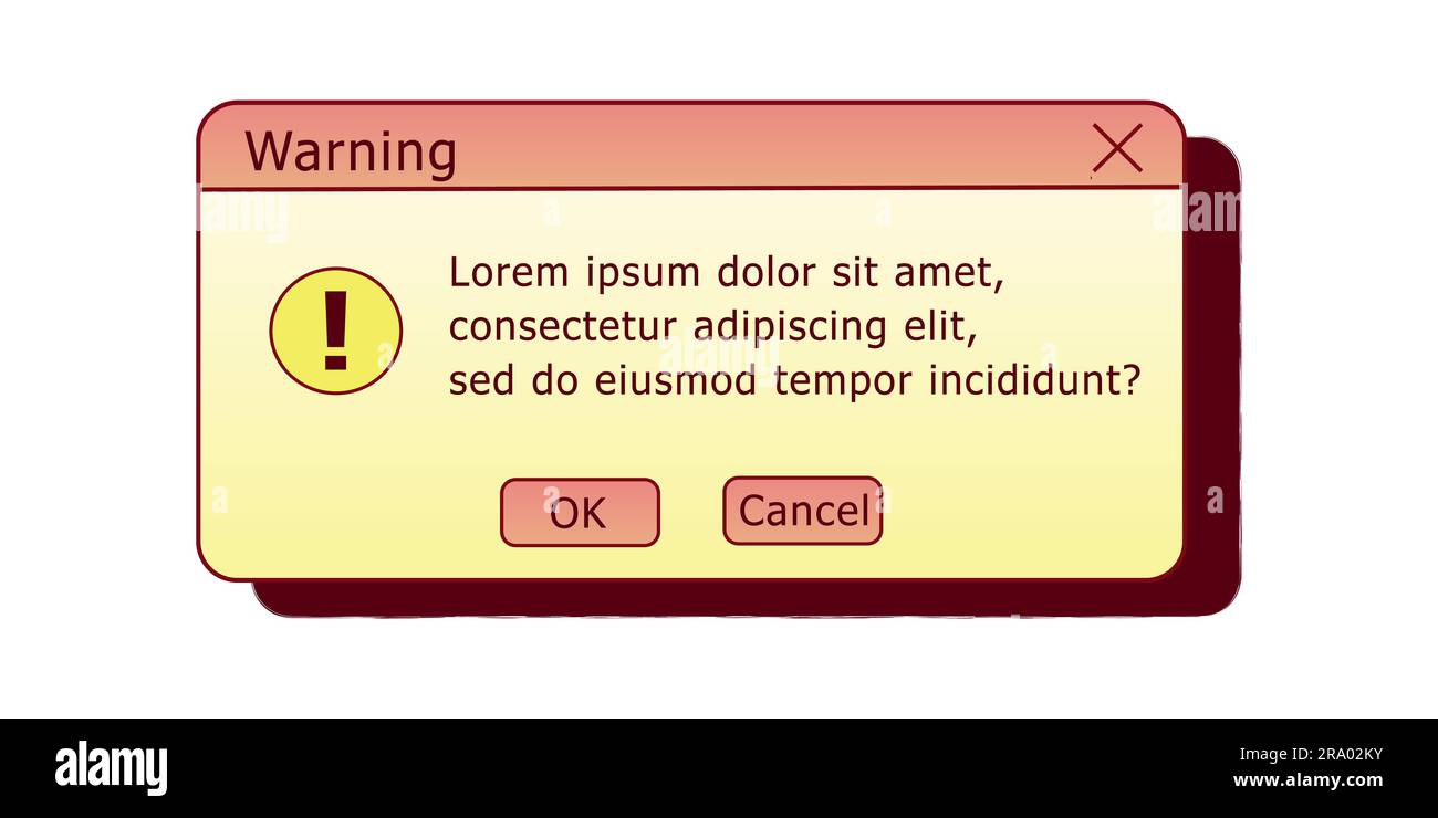 Warning dialog box. Retro PC user interface aestetic. 80s 90s old computer user interface ...